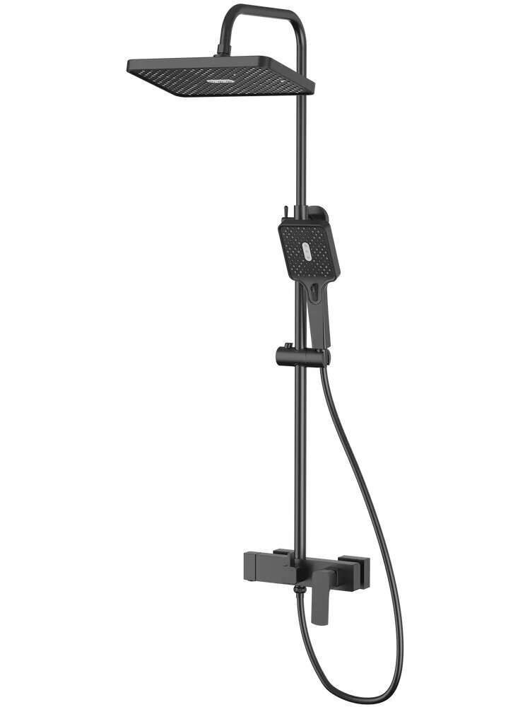 Душевая стойка Haiba HB24512-7 со смесителем, черная, матовая, душевая система с тропическим душем, с изливом, с лейкой, латунная, рычаг сбоку