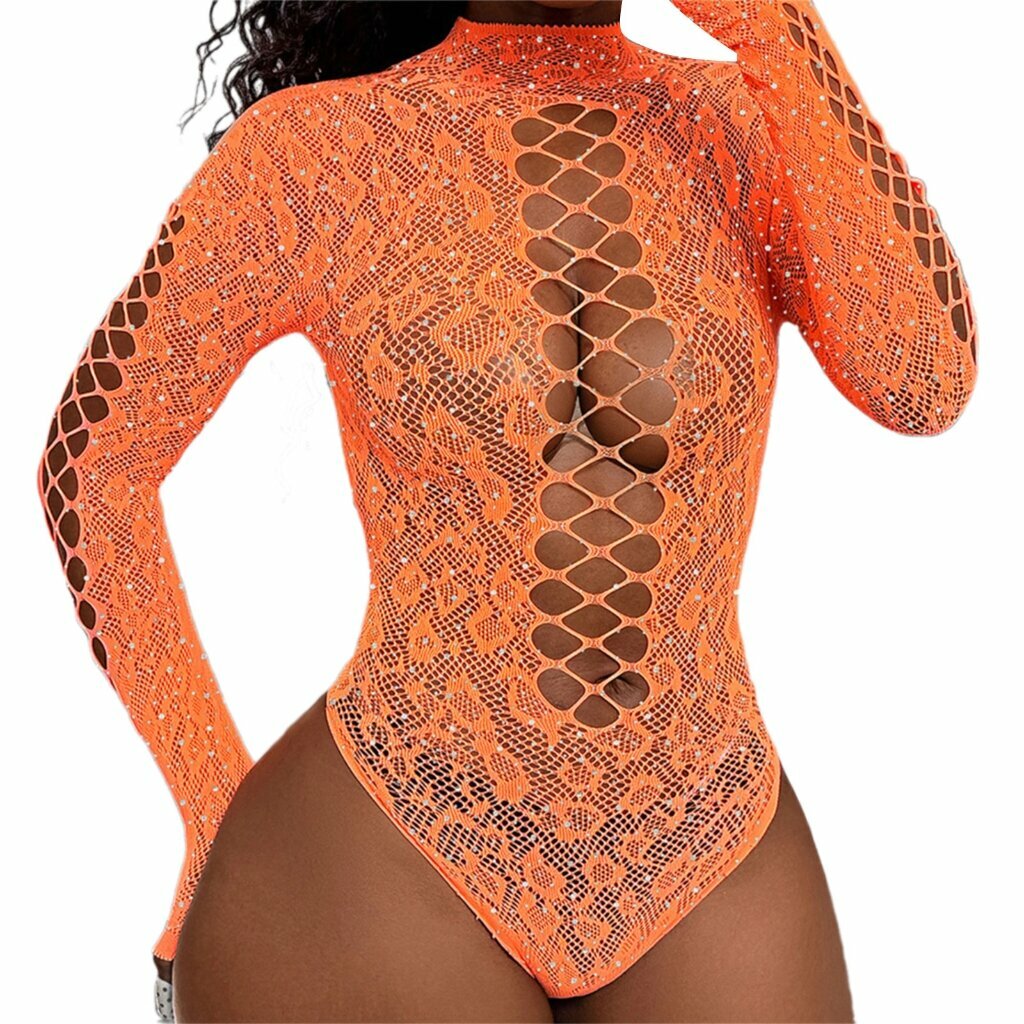 Цельные сетчатые колготки-бикини с бриллиантовыми колготками с длинными рукавами-оранжевый