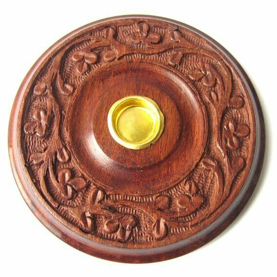Подставка под благовония коричневая тарелочка под конус (ручная работа, дерево, резьба, диаметр 9,5-11 см.), 1 шт.
