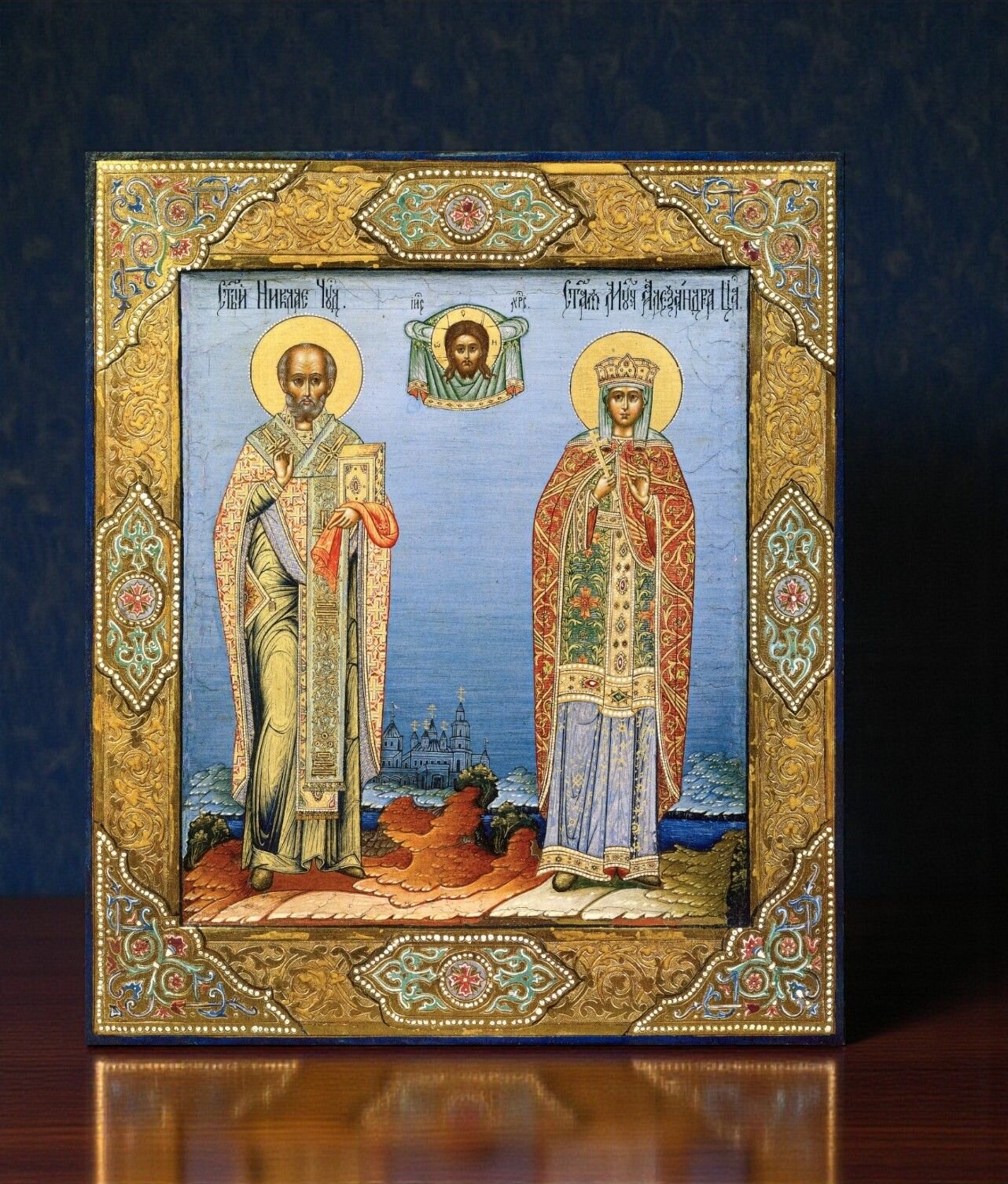 Николай Чудотворец и Царица Александра. Деревянная икона на левкасе (13 см)