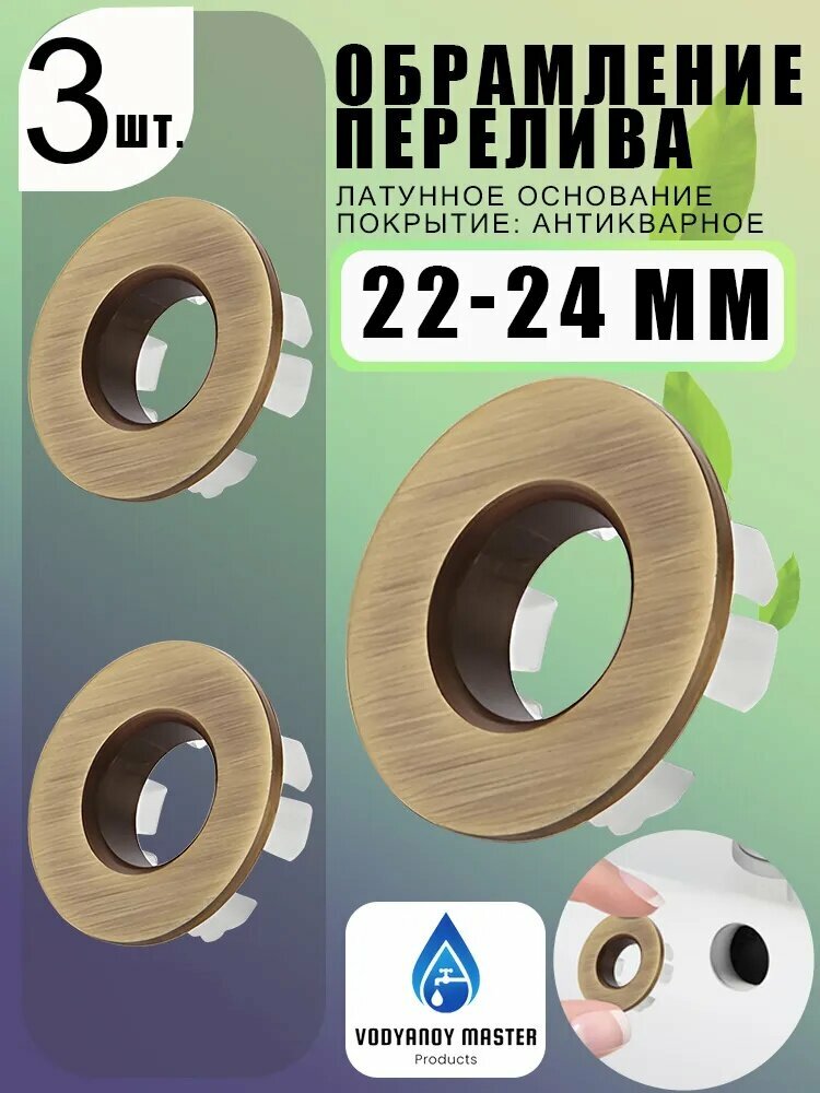 Накладка отверстия перелива 22-24 мм old bronze, быстрое крепление клипсой 3 шт