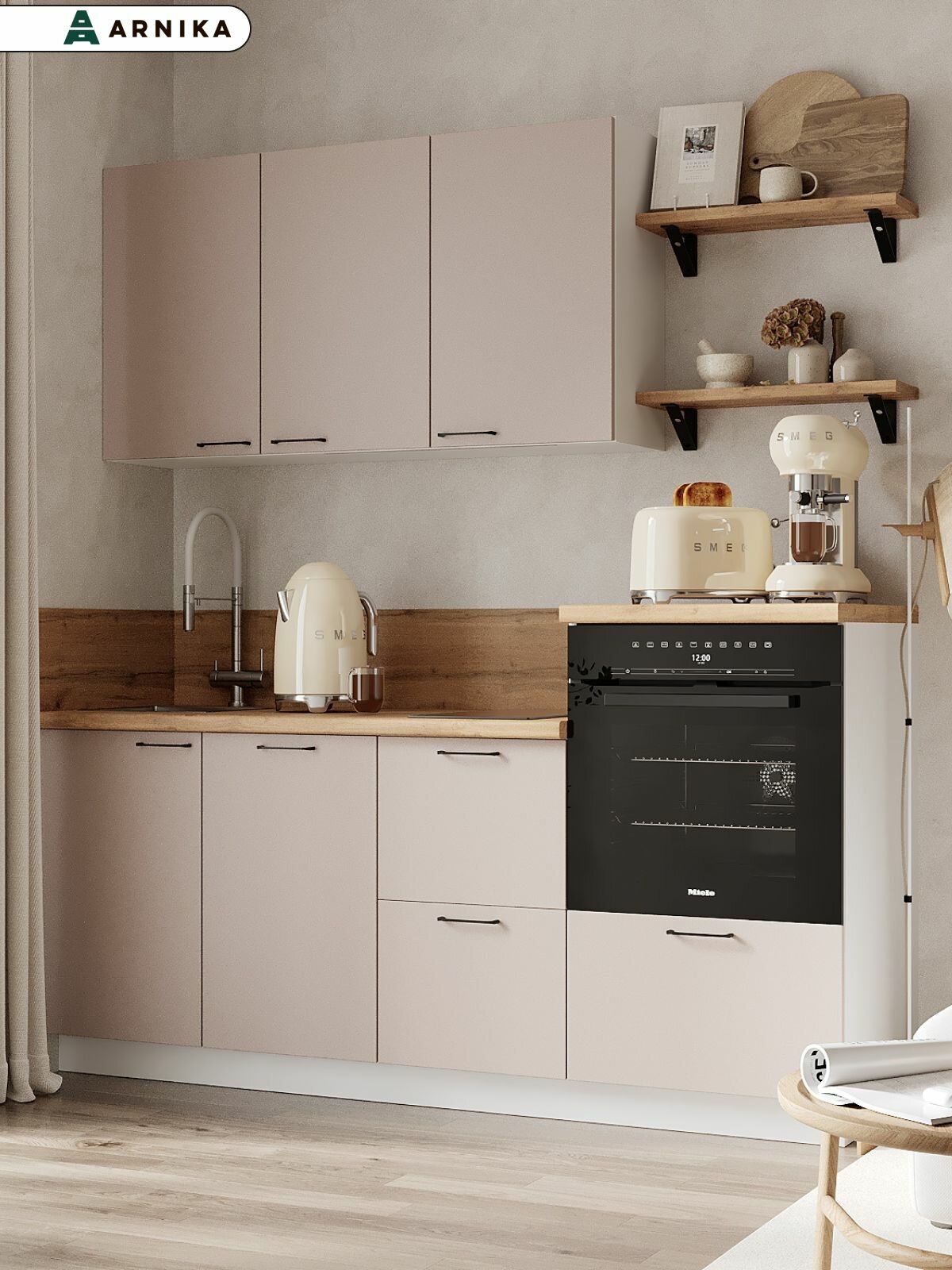 ARNIKA Кухонный гарнитур со столешницей "Дакия" 1,9м, цвет магнолия (бежевый), фасад пленка ПВХ