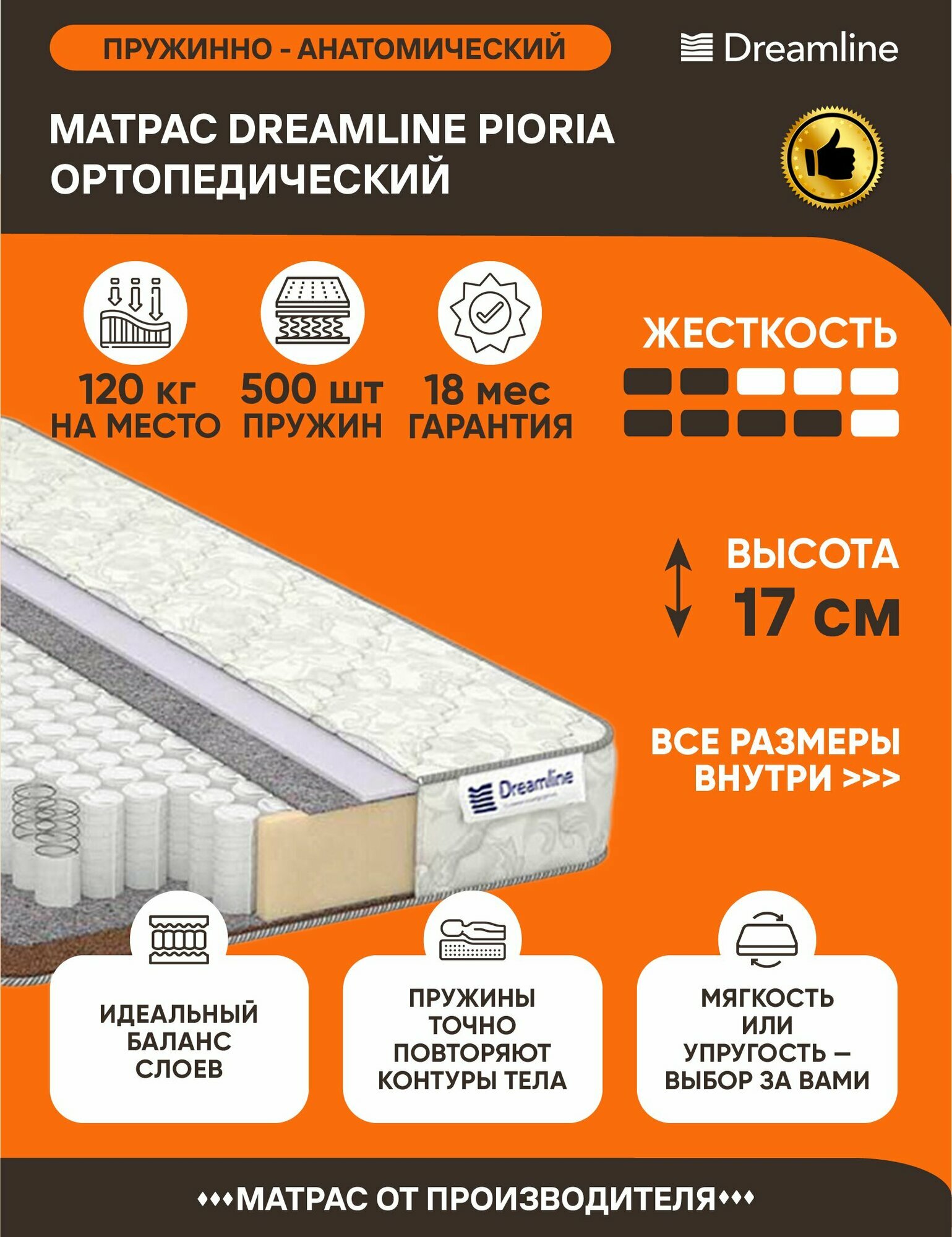 Матрас Dreamline Pioria 90х150 высота 17 см анатомический средней жесткости Независимые пружины