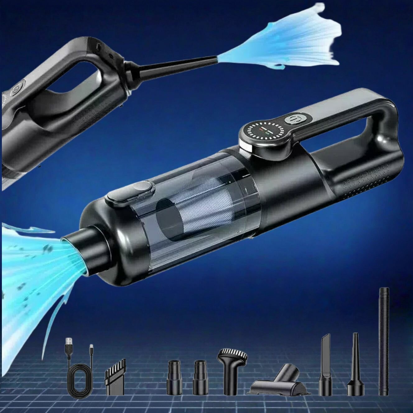 Беспроводной автомобильный пылесос 5-в-1 с функцией обдува, 17000Pa, 130W бесщеточный двигатель, 7800mAh, светодиодная лампа. Для авто, дома, шерсти животных.