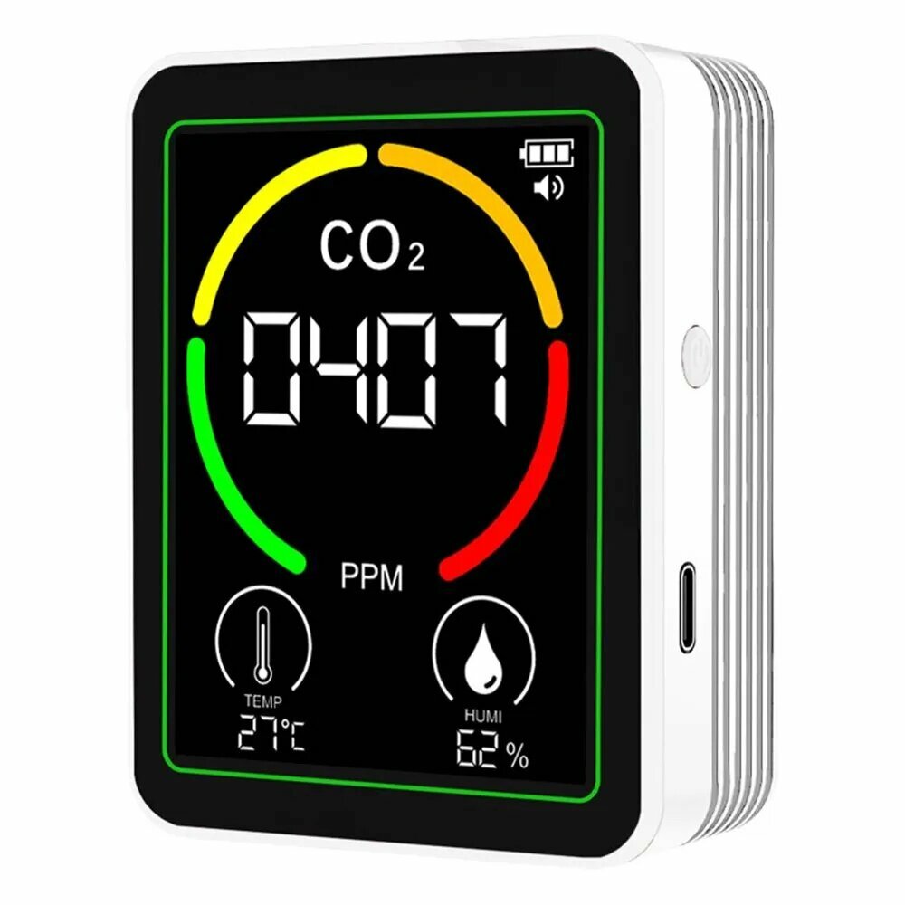 Детектор CO2 с датчиком температуры и влажности Портативный измеритель концентрации углекислого газа с цветным дисплеем, термометром и гигрометром для дома и офиса
