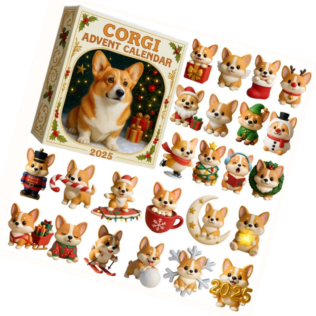 Адвент-календарь с акриловыми елочными украшениями Corgi Surprise в закрытых коробках, идеально подходит для дома, офиса и праздников.
