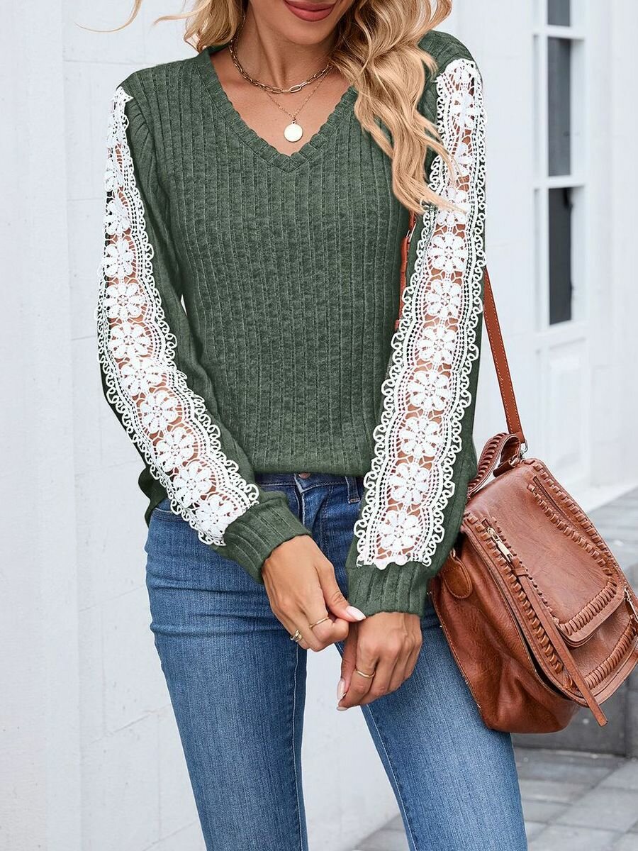 Женская Кружевная Футболка В Стиле Пэчворк С Длинными Рукавами