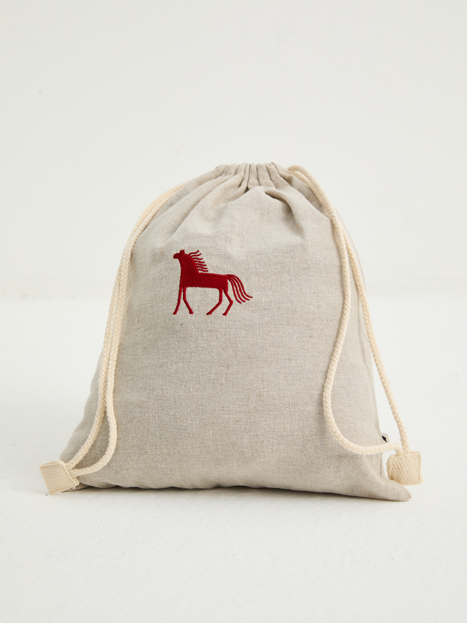 Льняной мешочек для хранения Берегите птиц, бежевый, вышивка Красный конь, S