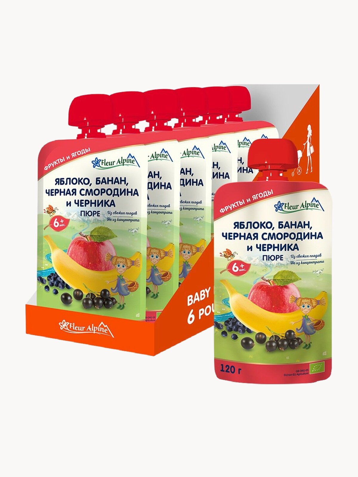 Пюре детское Fleur Alpine Яблоко, банан, черная смородина и черника, 6 месяцев, 120 г, 6 шт.