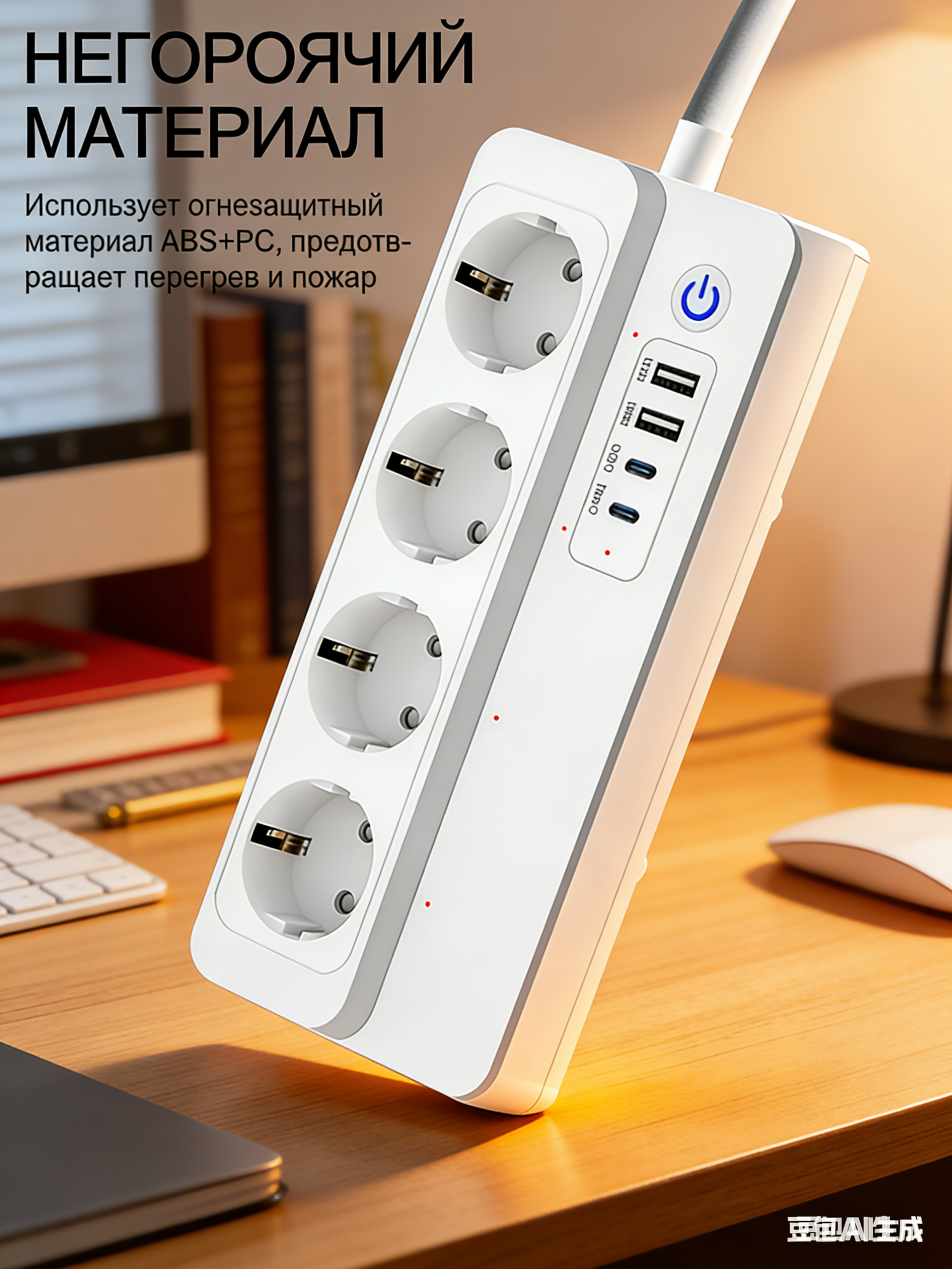 Умная розетка (с поддержкой голосового помощника), Wi-Fi удлинитель с таймером: 2 USB + 2 Type-C (20 Вт)