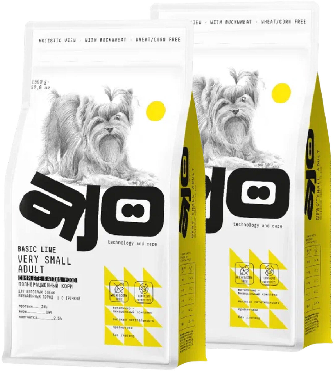 Корм сухой Ajo Dog Basic Line Very Small Adult для собак маленьких пород, индейка ягненок гречка, 1,5 кг х 2 шт