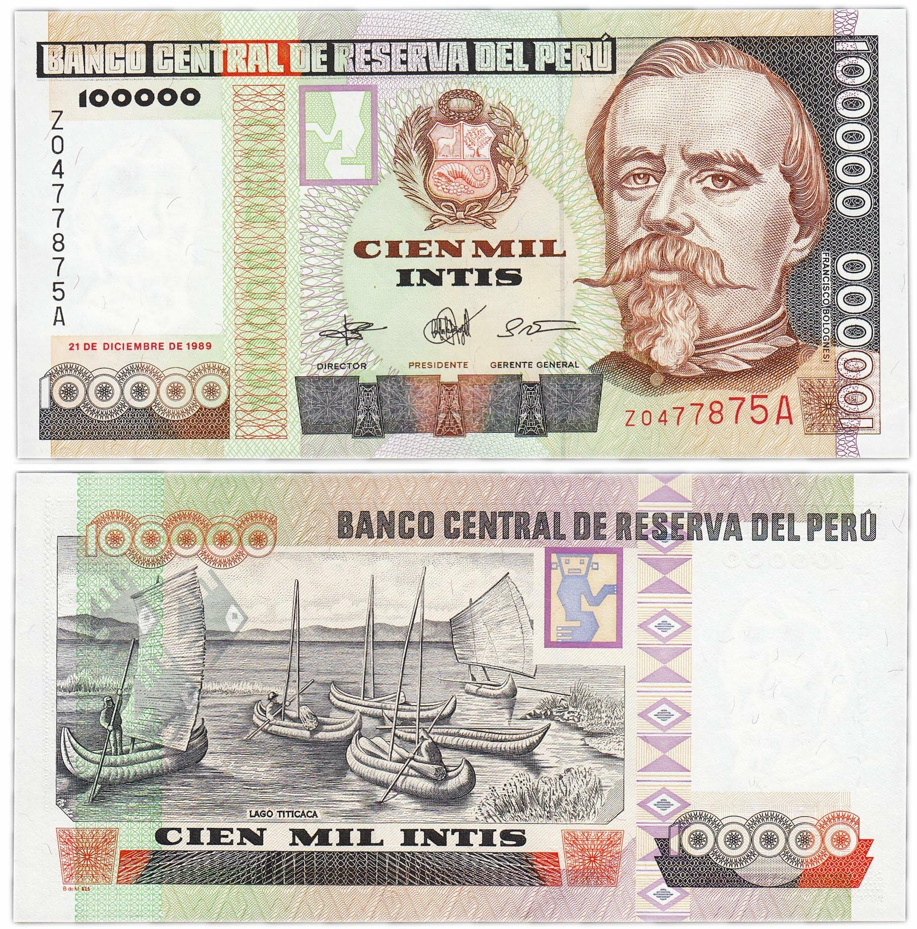 Перу 100000 инти 1989 года P-145 Z-серия замещения