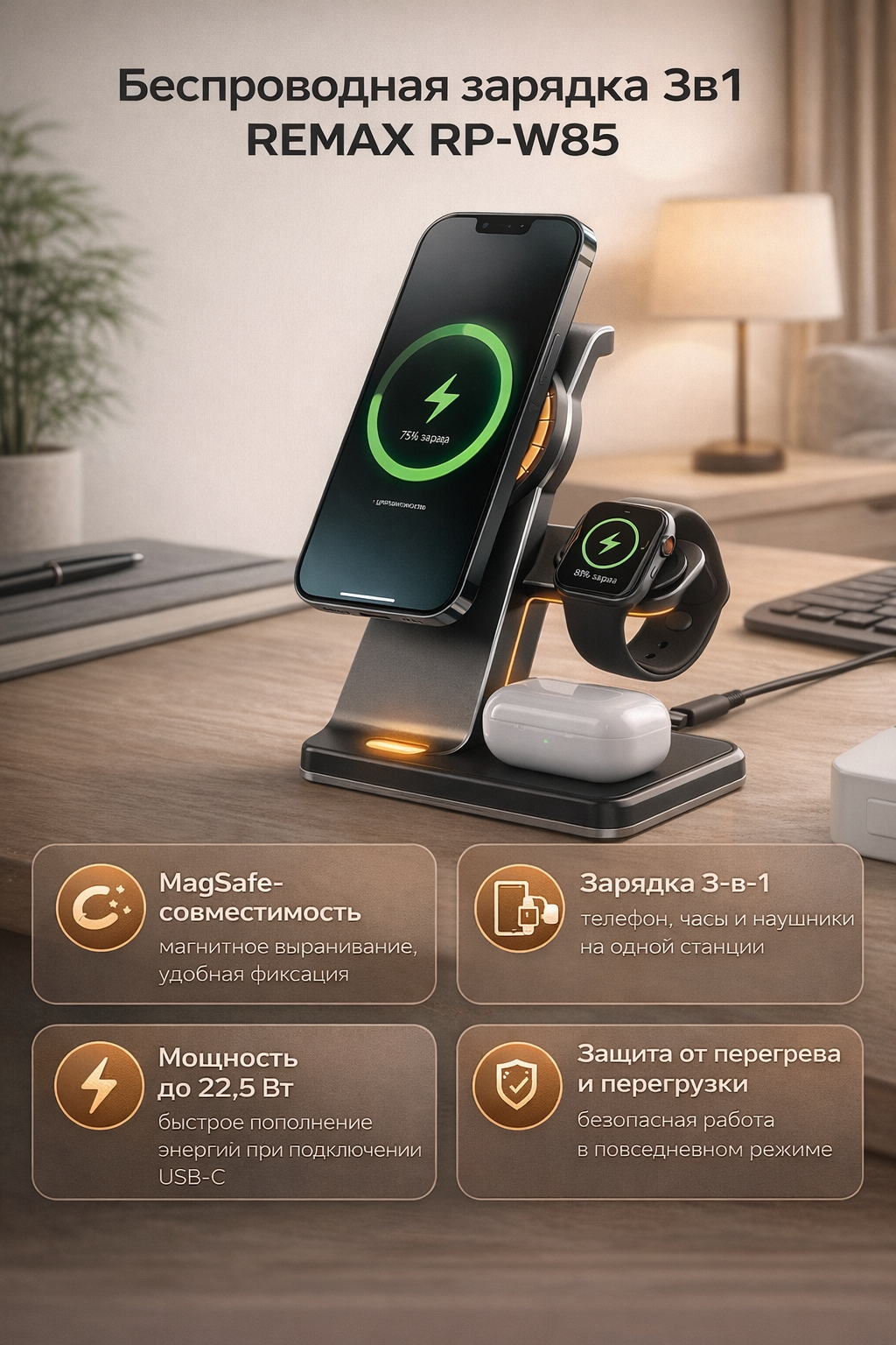 Беспроводная зарядная станция Remax "3в1", 20Вт, для трех устройств, черная