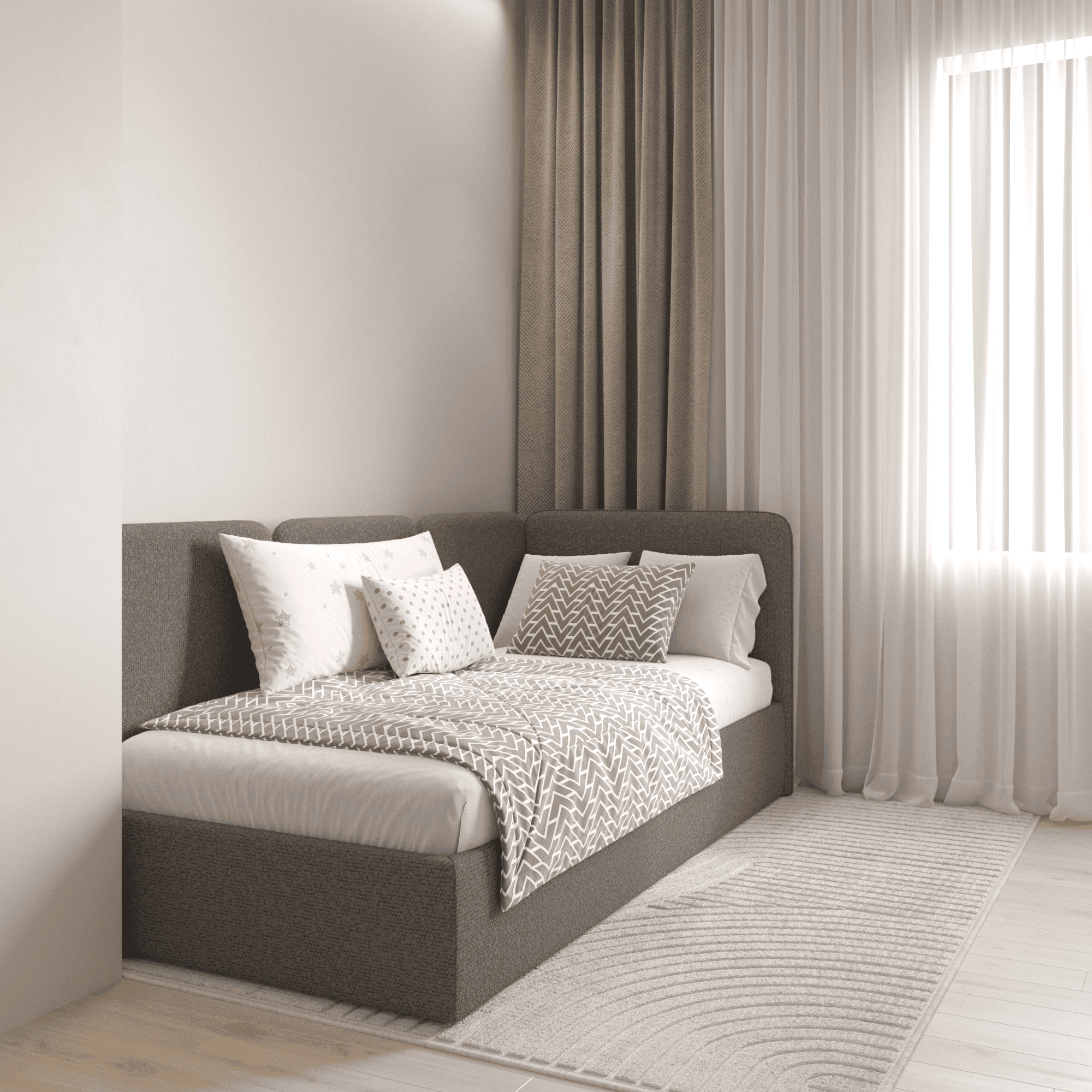 Кровать детская угловая дизайнерская 80х200 «Луна», ткань букле , мягкая кровать