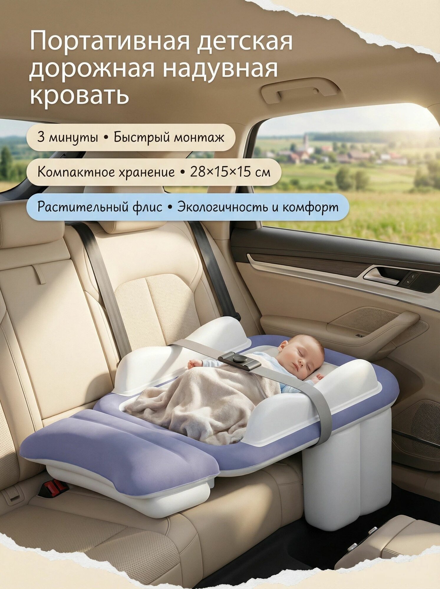 Детская надувная кровать 4в1 для авто/поезда/самолета: 80x50x15 см, с ремнем безопасности, насос в комплекте