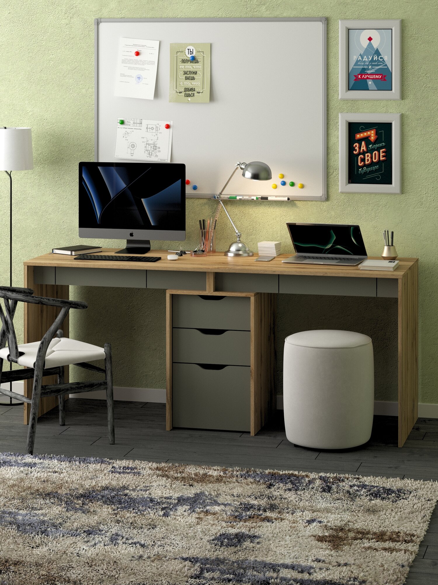 Есэндвич Grand Лаворо 5 Письменный стол для двоих, двойной, с тумбой 180х60х77 см (Дуб вотан/Хаки)