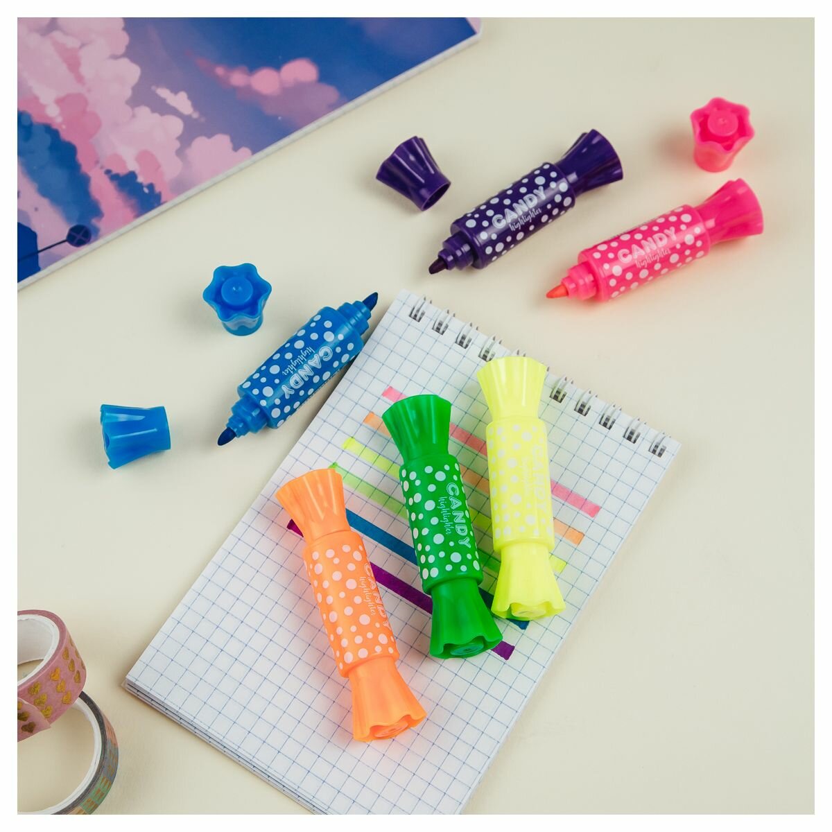 30 шт. Текстовыделитель двусторонний MESHU "Candy" мини, ассорти, неоновые цвета, 2/4мм