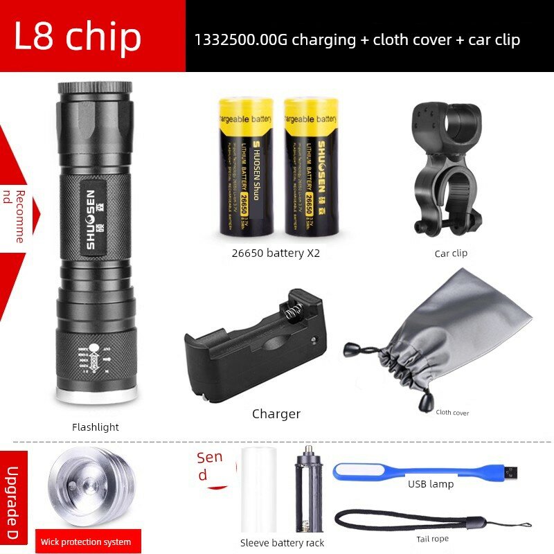 Фонарь с чипом L8 и батареей 26650, двойная зарядка, комплект крепления для автомобиля, наружный фонарь