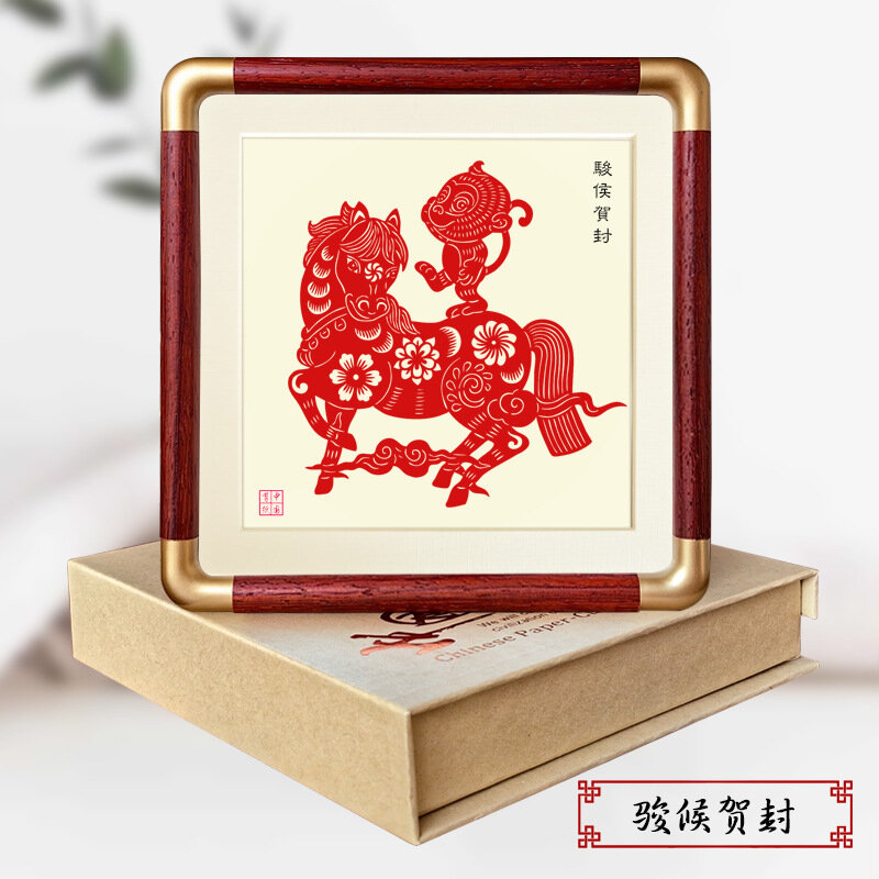 Китайский стиль, характерный для Вэйсянь, ручная работа, бумажная резьба, декоративная живопись, цветущая богатство, рамка из массива дерева с медным уголком, экспортный подарок