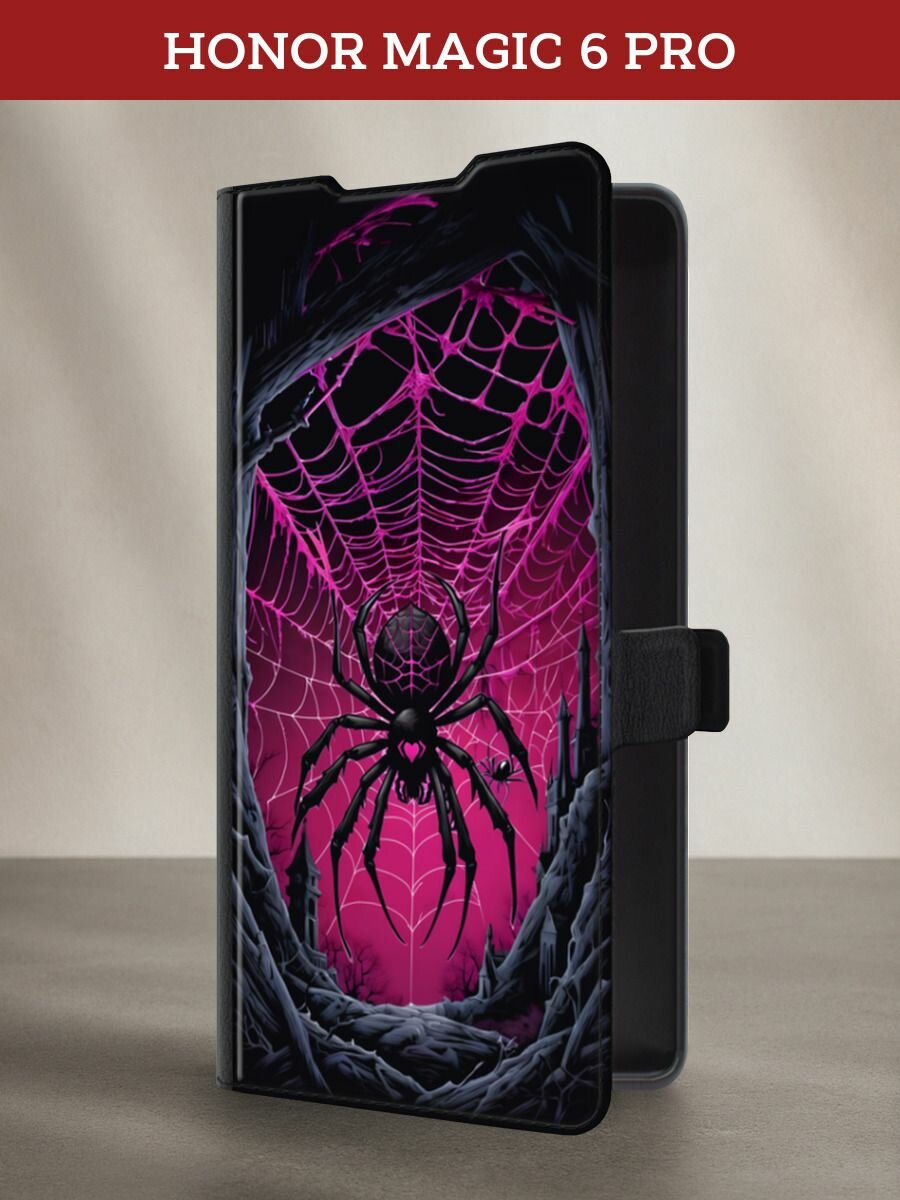 Чехол-книжка на Honor Magic 6 Pro / Хонор Меджик 6 Про с принтом Эмо паук, черный