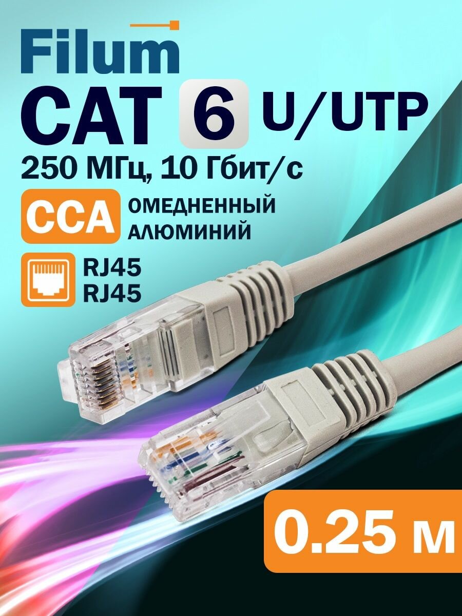 Кабель Ethernet патч-корд Filum кат. 6, 0.25м, серый, /FL-U6-0.25M/