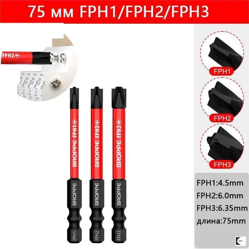 PZ/FL Набор отверток для автоматов/розетки, магнитные биты для электрика, шестигранный хвостовик, 75 мм FPH1/FPH2/FPH3