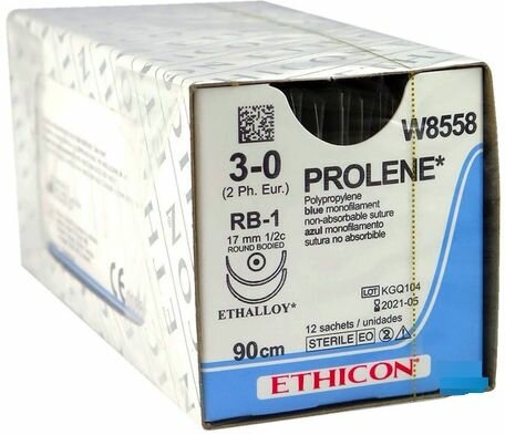 Шовный материал W8558 PROLENE пролен 3/0, 90 см, кол. 17 мм х 2, 1/2 (12шт.)