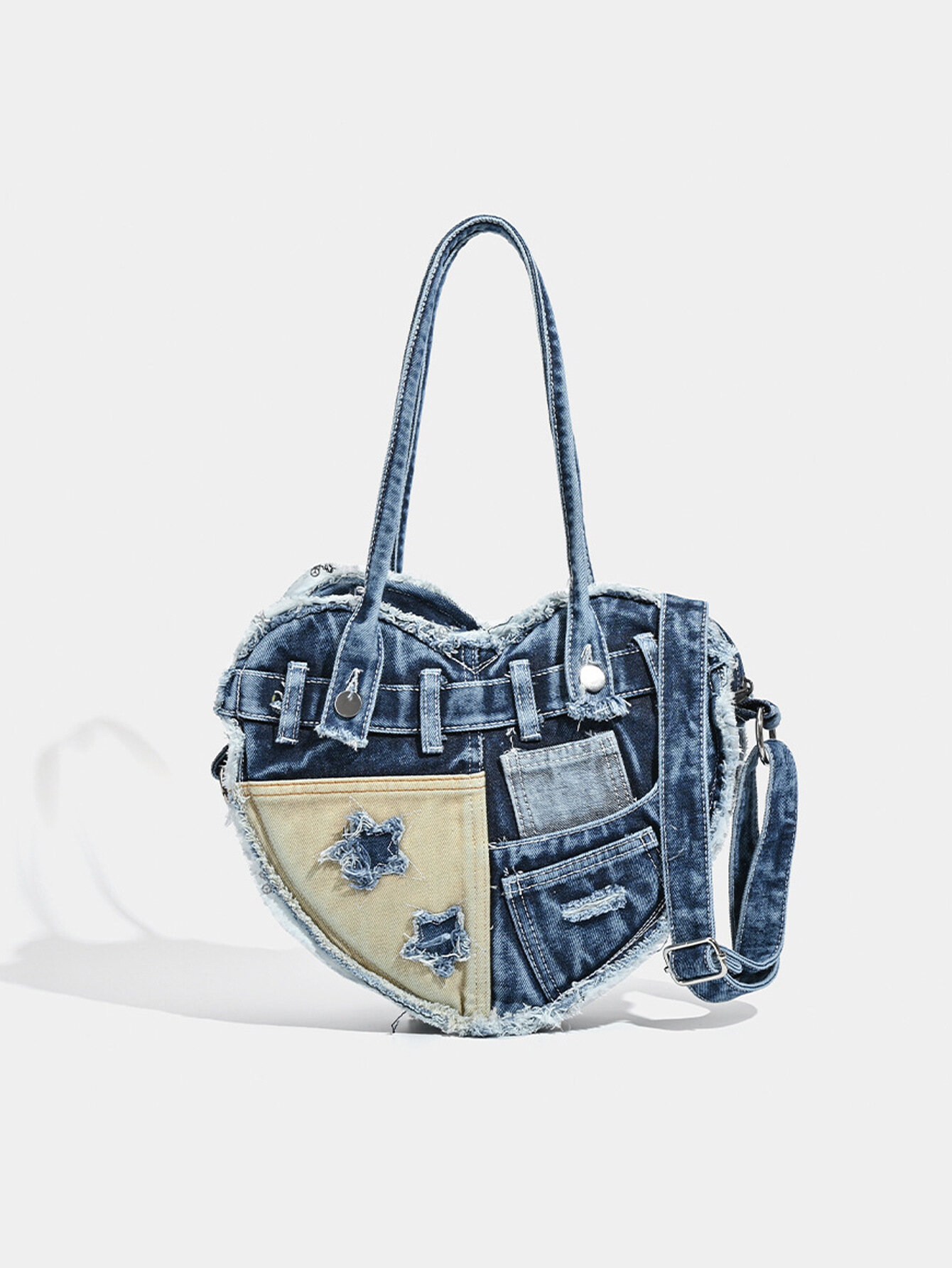 Винтажная джинсовая сумка в форме сердца с эффектом потертости для женщин, нишевый дизайн, повседневная универсальная сумка, сумка через плечо, кроссбоди