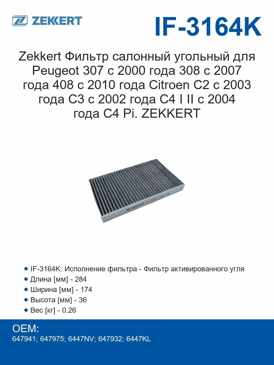 Zekkert Фильтр салонный угольный для Peugeot 307 с 2000 года 308 с 2007 года 408 с 2010 года Citroen C2 с 2003 года C3 с 2002 года C4 I II с 2004 года C4 Pi. ZEKKERT