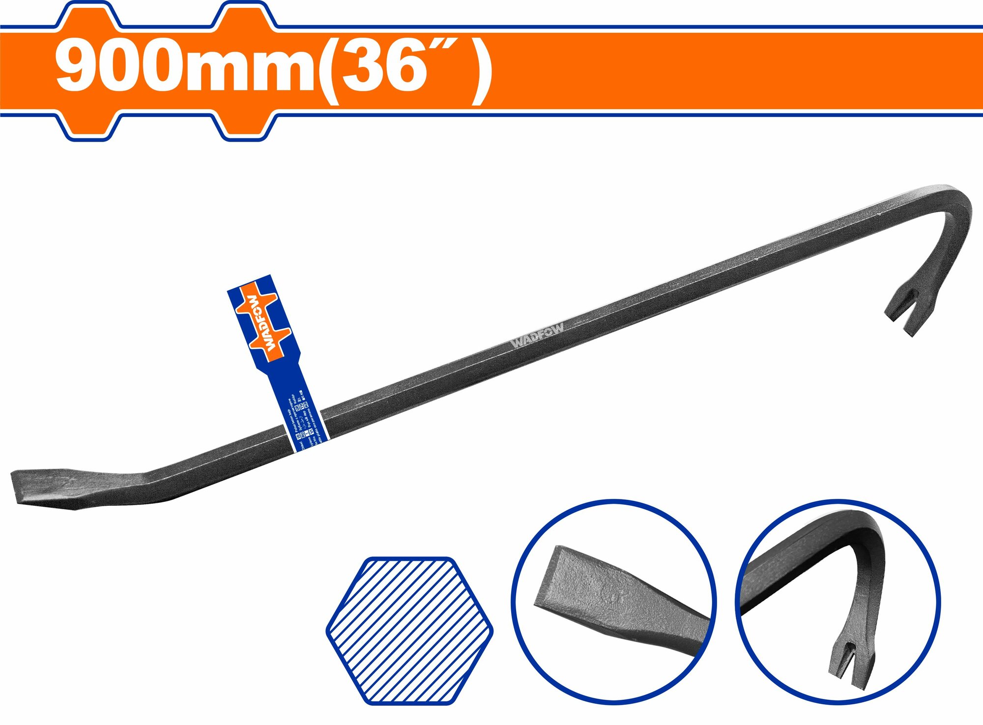 Лом-гвоздодер стальной "WADFOW" шестигранный профиль, черный 900 мм