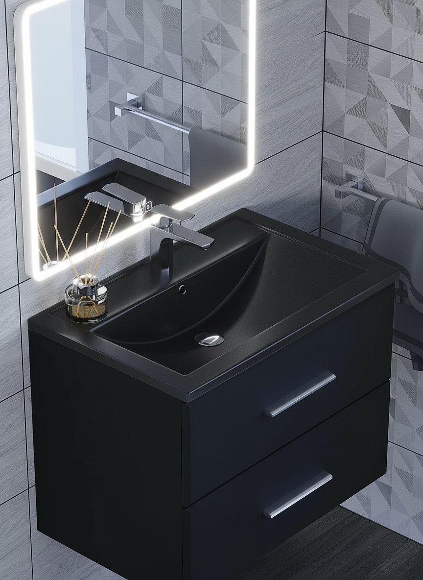 Раковина кварцевая для ванной Uperwood Foster Quartz 70 см, черная матовая, космос