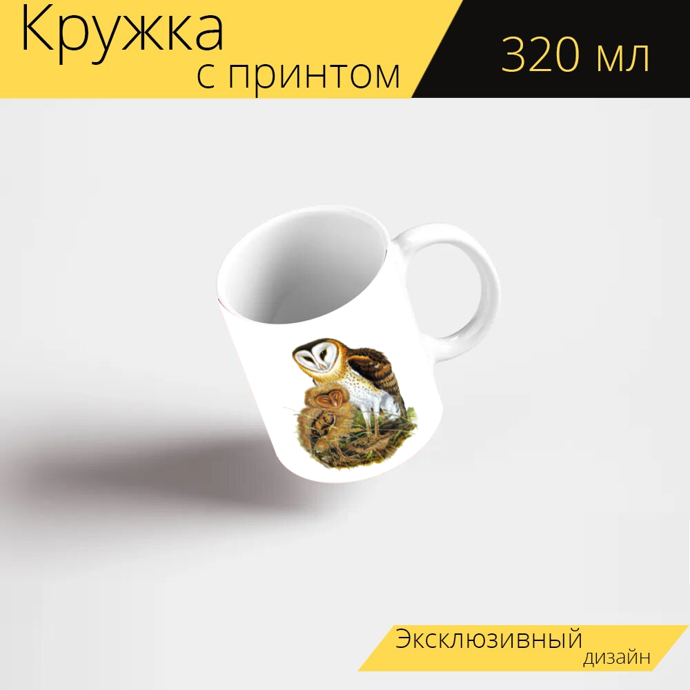 Кружка с рисунком, принтом "Сова с Сове Винтаж Восточная травяная сова с детенышем совенка клипарт, старинное искусство на прозрачном фоне png, также называемое китайской." 320 мл.