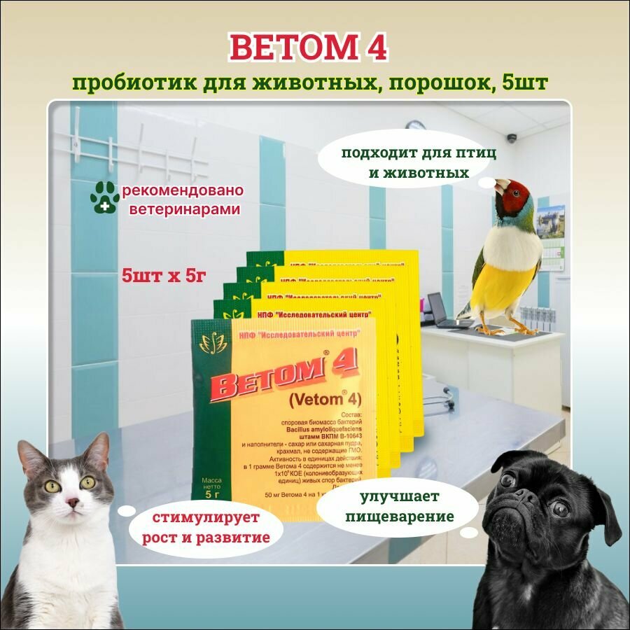Пробиотик Ветом 4 для животных, для собак, кошек, хорьков, 5 штук