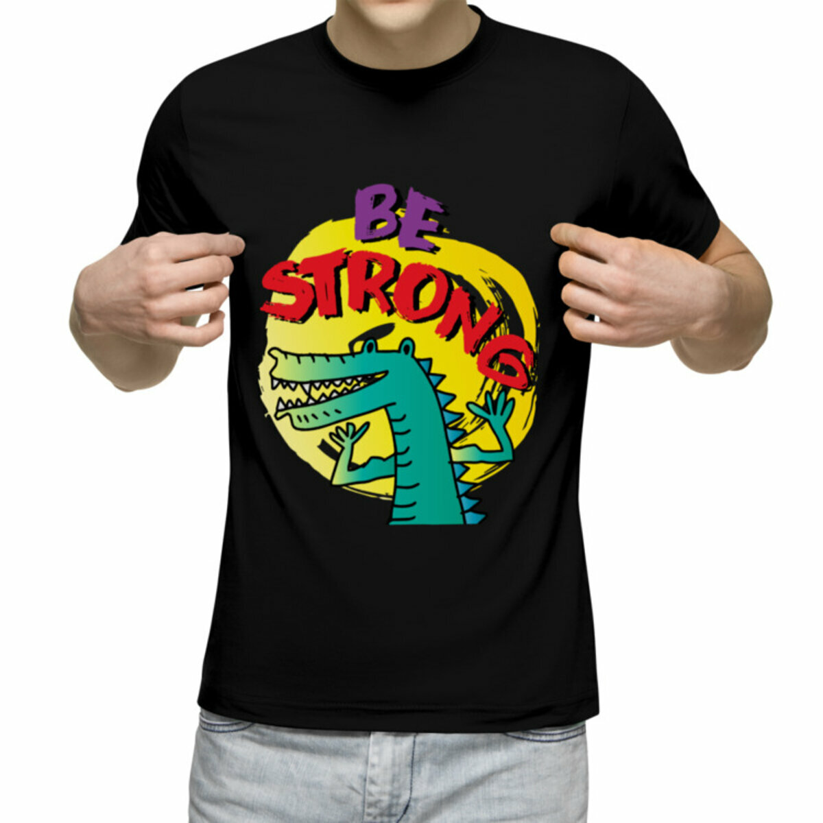 Мужская футболка «Крокодил заряжает энергией: Be Strong» (черный, M)