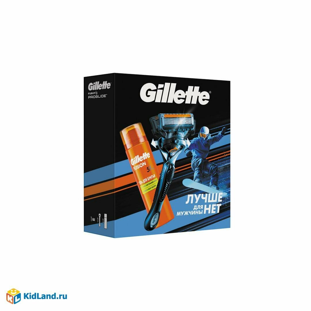 Подарочный набор косметики Gillette бритвенный станок Fusion5 ProGlide с 1 сменной кассетой и гель для бритья для чувствительной кожи, 200мл