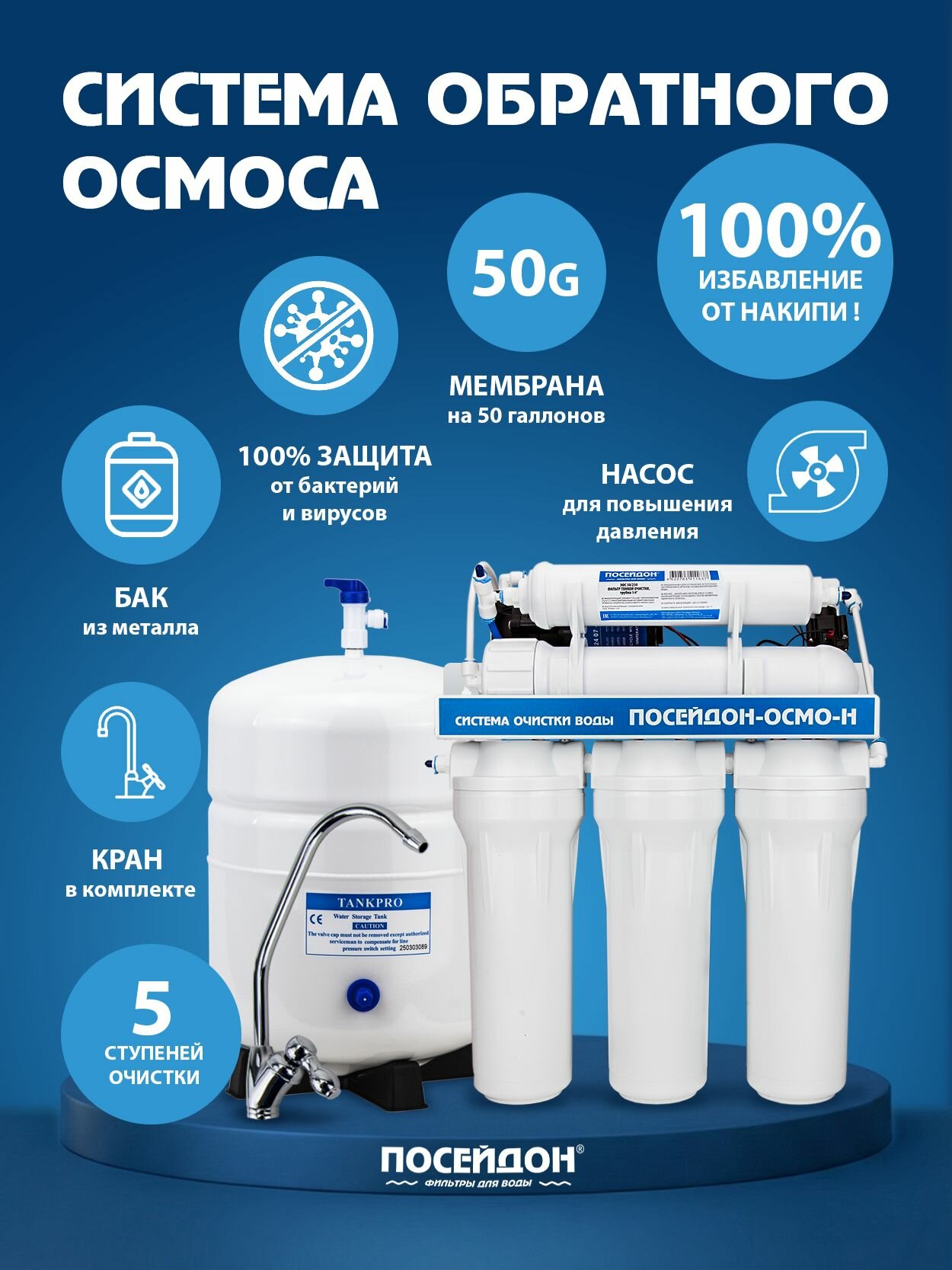 Система обратного осмоса "ПОСЕЙДОН-ОСМО-Н" с насосом и металлическим баком. Фильтр для воды под мойку с обратным осмосом и насосом