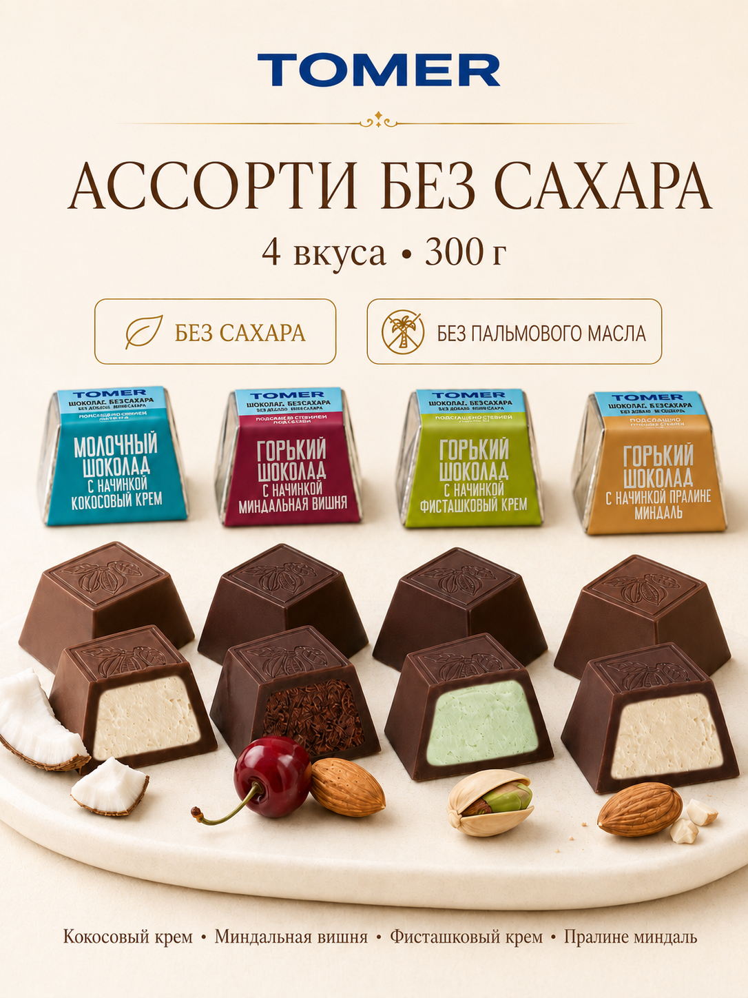 Конфеты ассорти без сахара 300 гр. шоколадные "Томер" с начинкой