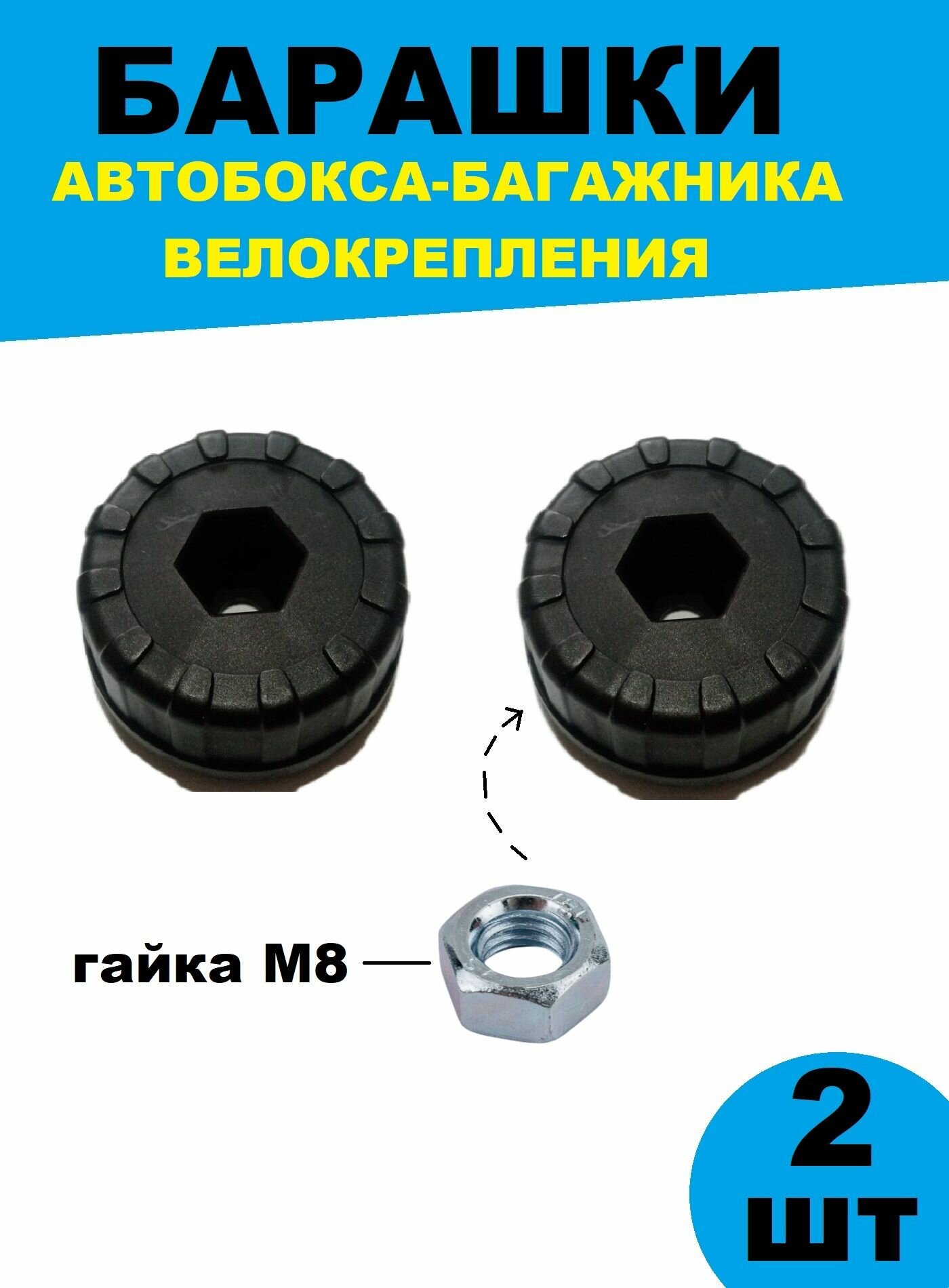 Комплект крепёжных барашков с гайками М8 для багажника, автобокса (2шт)