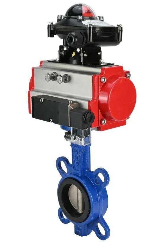 Затвор дисковый поворотный DN.ru GGG50-GGG40-EPDM Ду150 Ру16, корпус - чугун GGG50, диск - чугун GGG40, уплотнение - EPDM, с пневмоприводом SA-140, пневмораспределителем PND1-S2EM-52-2-T08-220VAC, БКВ LSB-510-02ExM12-250 и БПВ APU1-10-40-V08