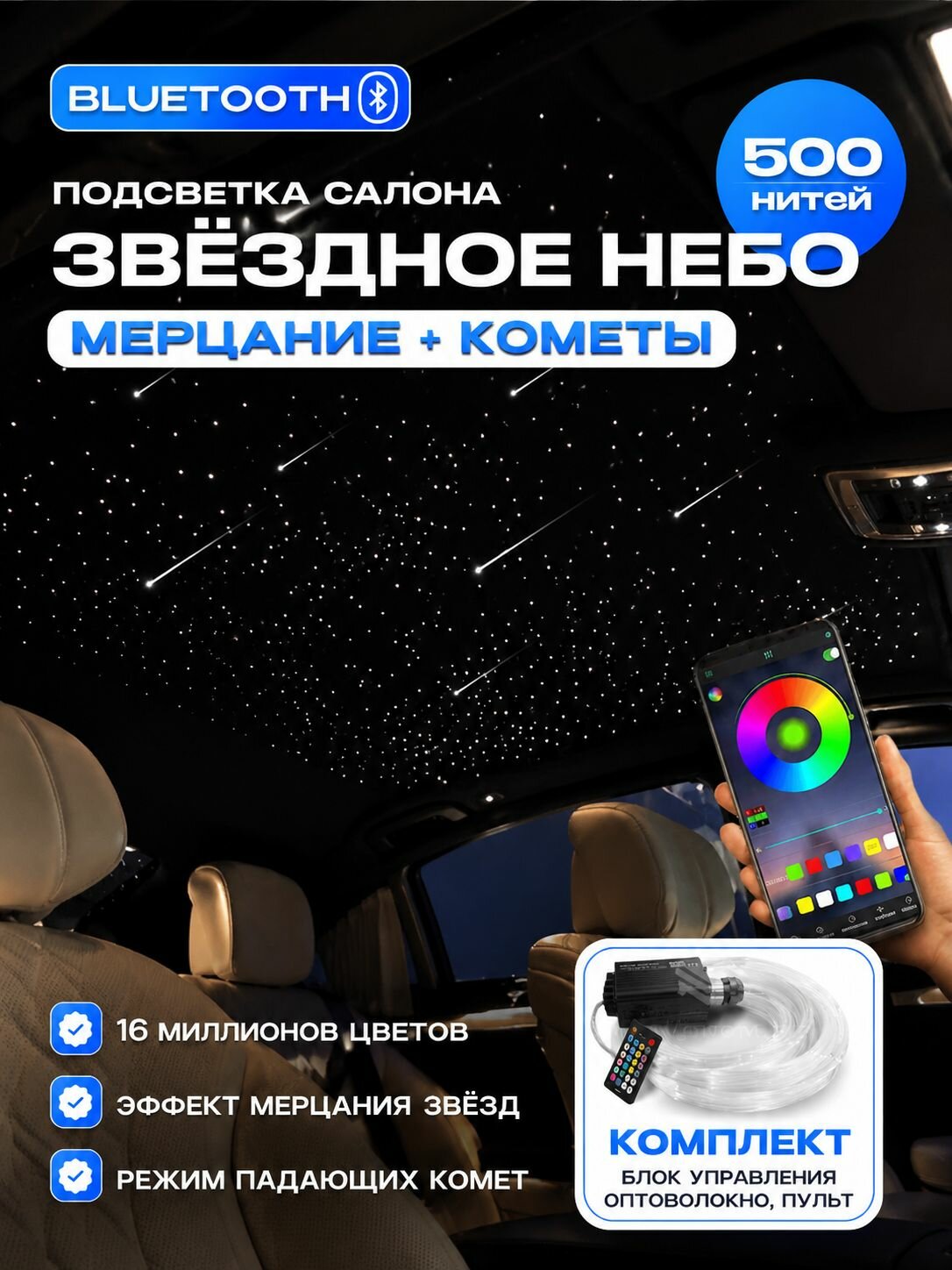 "Звездное небо" (с мерцанием + кометы) для установки в обивку потолка (500 нитей)