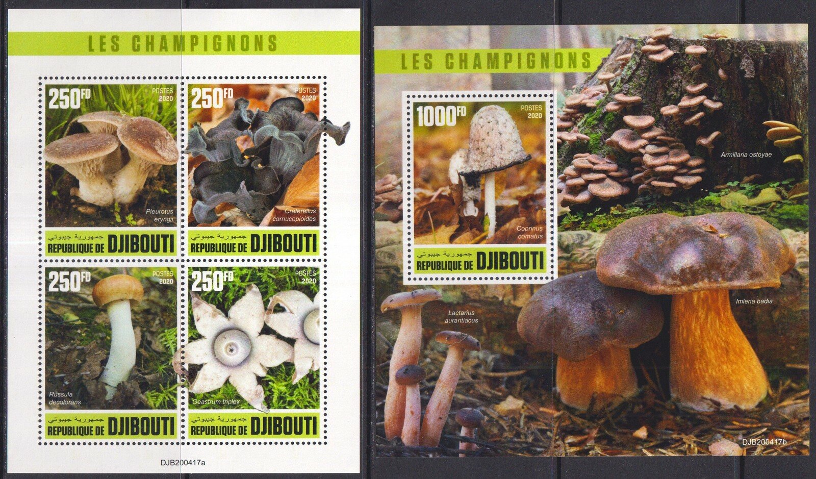 Марки 2020 год Джибути Грибы Флора Природа #3761-3764+Bl1482 Mnh