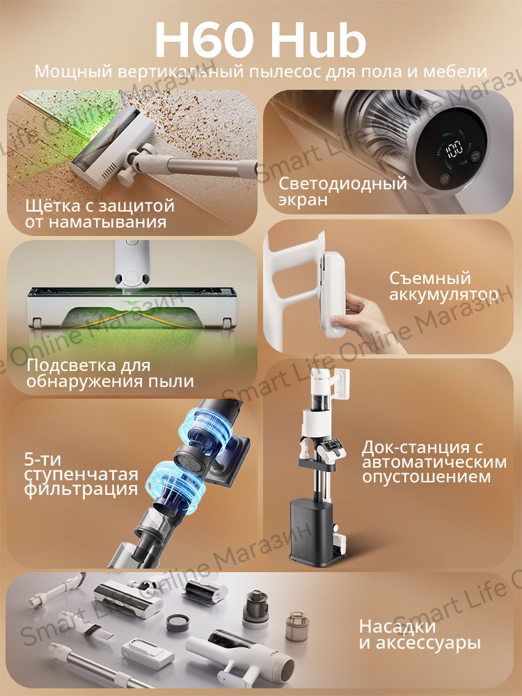Вертикальный пылесос Roborock H60 Hub, Щелевая щётка 2 в 1, 3 режима уборки, 5-ступенчатая система фильтрации, LED-экран
