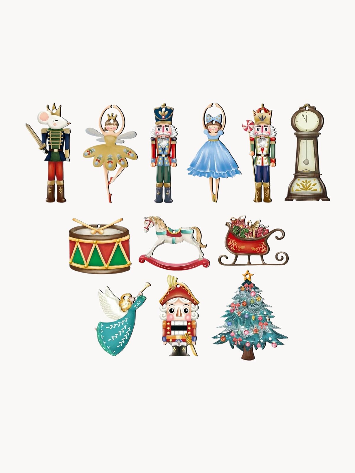 Набор из 12 деревянных елочных украшений "Щелкунчик" для рождественской елки