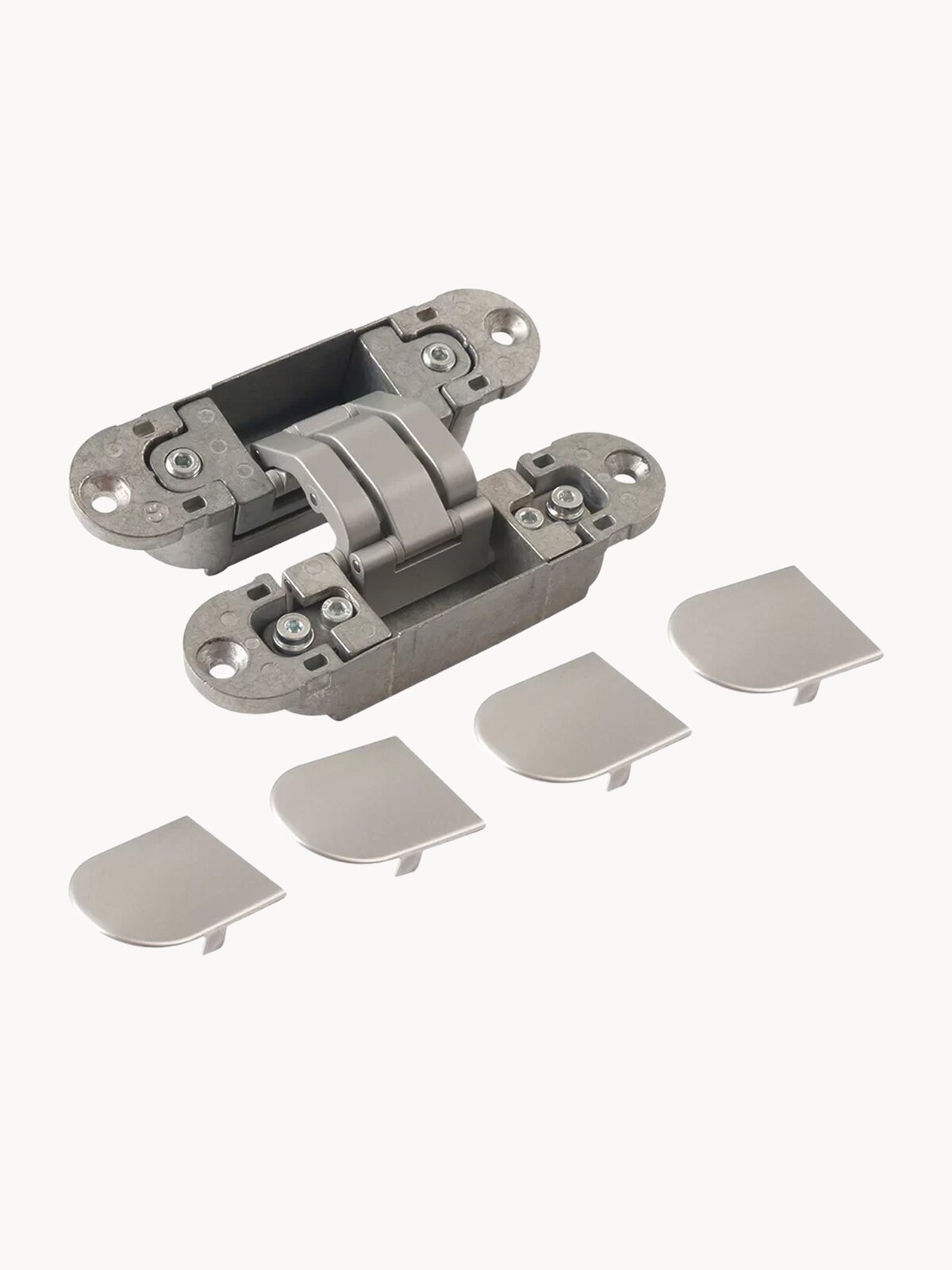 Петля скрытая Otlav 3D, универсальная, 120x30 мм, 60 кг, с 4 накладками, корпус без покрытия шарнирная часть серебро матовое