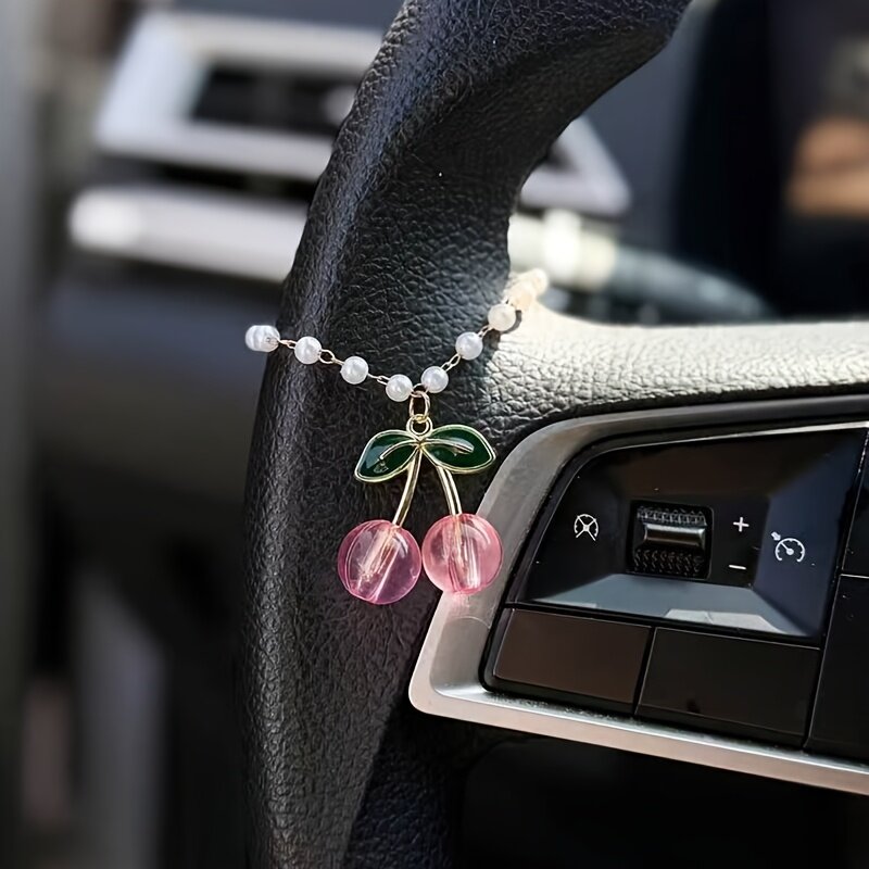 Подвеска в салон автомобиля с розовой вишней на бусинной цепочке
