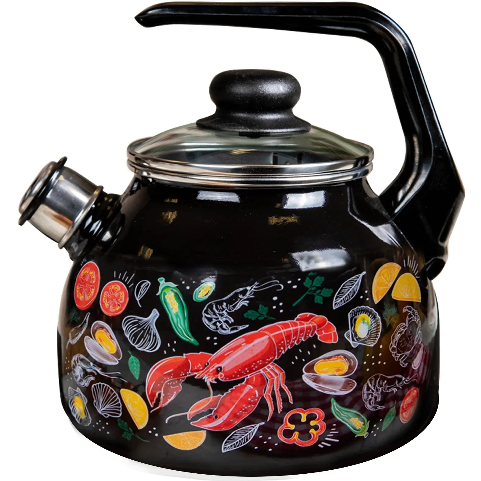 Чайник эмалированный 3л со свистком «Лобстер», черный, дизайн с морепродуктами, Appetite