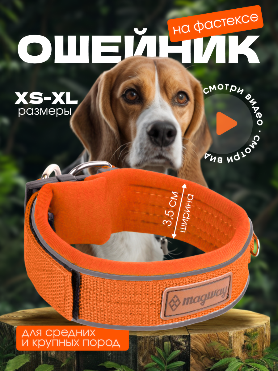 Ошейник для собак MagWay/ широкий 3,5см/ на фастексе/ размер M/ оранжевый