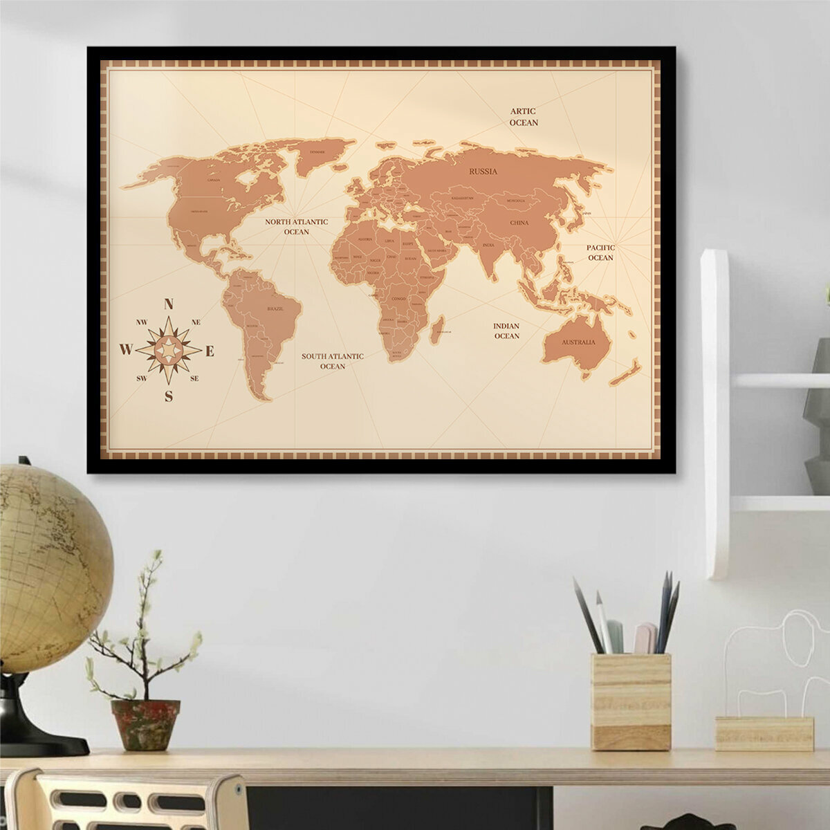 Постер "Карта Мира, коричневая" в черной рамке 40x50 см для интерьера на стену