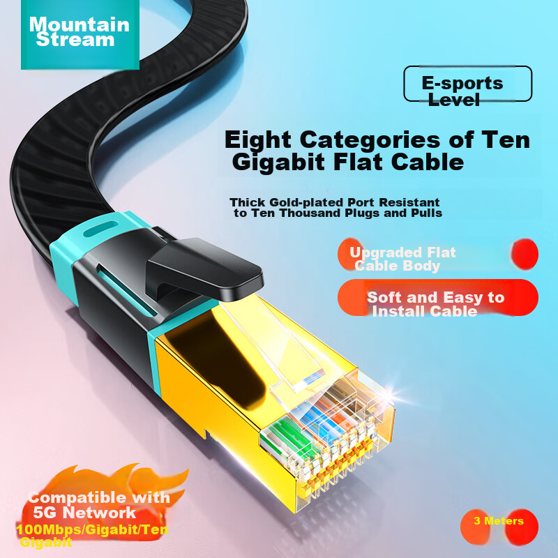 SAMZHE CAT8 10G Ethernet Cable, E-Sports Grade Network Flat Patch Cord, Pure Copper Double-Shielded 8-Core Twisted Pair, Computer Broadband Connection, Black, 3 Meters, BX8030H