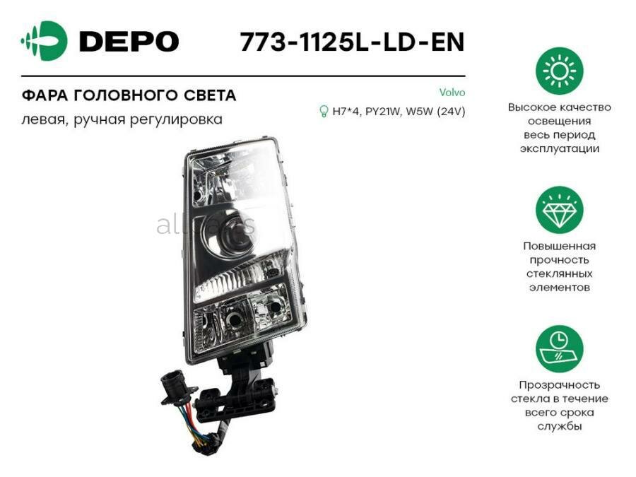 DEPO 7731125LLDEN фара ! левая прямоуг/кругл. разъем H7 с ручн коррекц\ Volvo FH/FM 02->